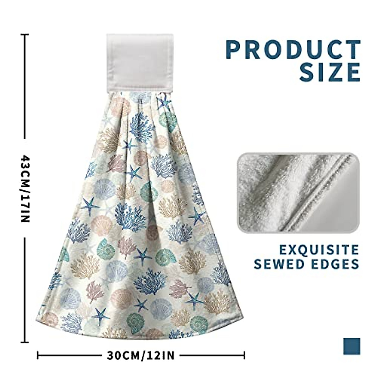Kwlegh Summer Starfish Hanging Kitchen Towels Set of 2 Coastal Seashells Tie Towels Beach Bathroom Hand Towels Soft Absorbent Dish Towels with Hanging Loop for Bathroom Kitchen 12x17 Inch
