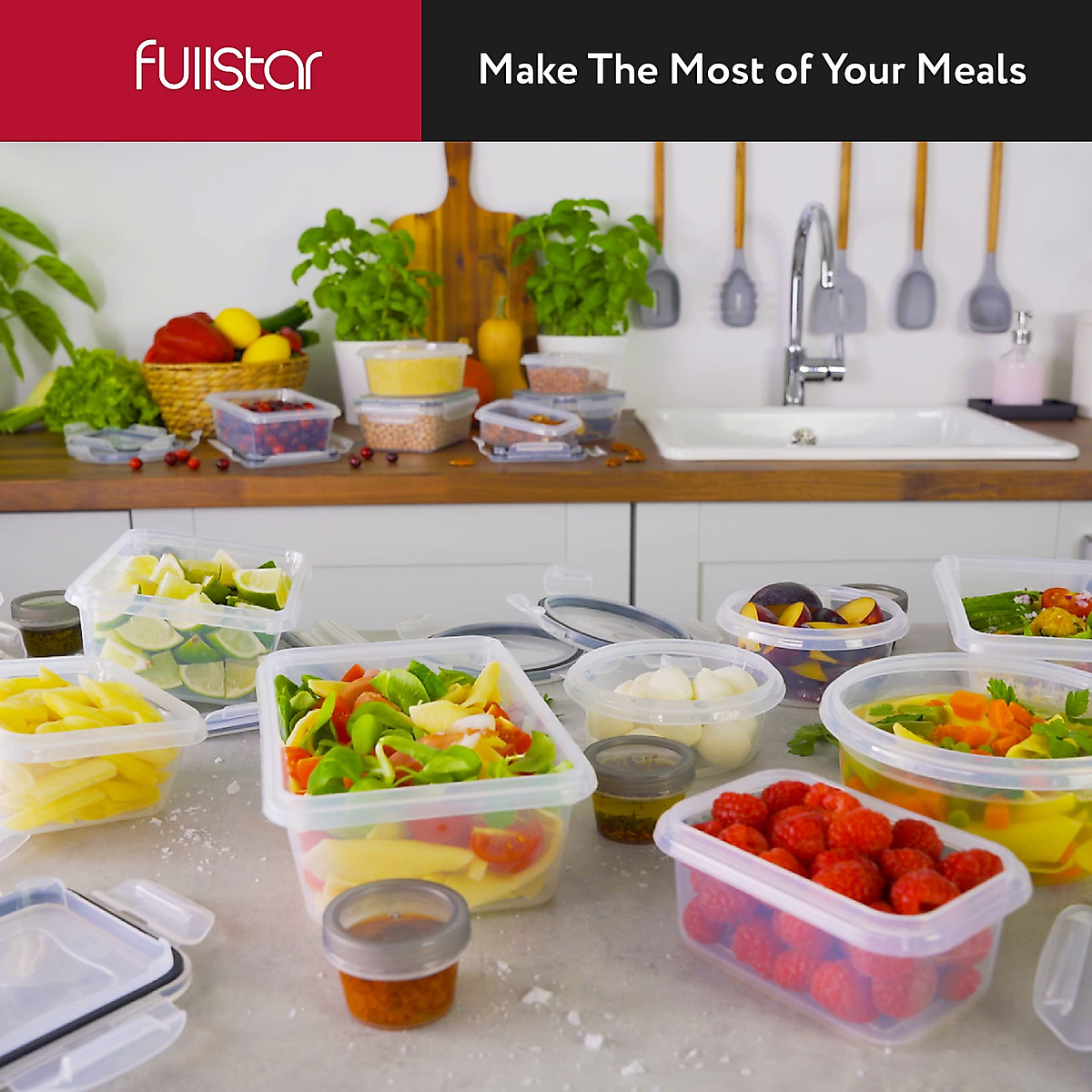 Fullstar 50-piece Food storage Containers Set with Lids, Plastic Leak-Proof BPA-Free Containers for Kitchen Organization, Meal Prep, Lunch Containers (Includes Labels & Pen)