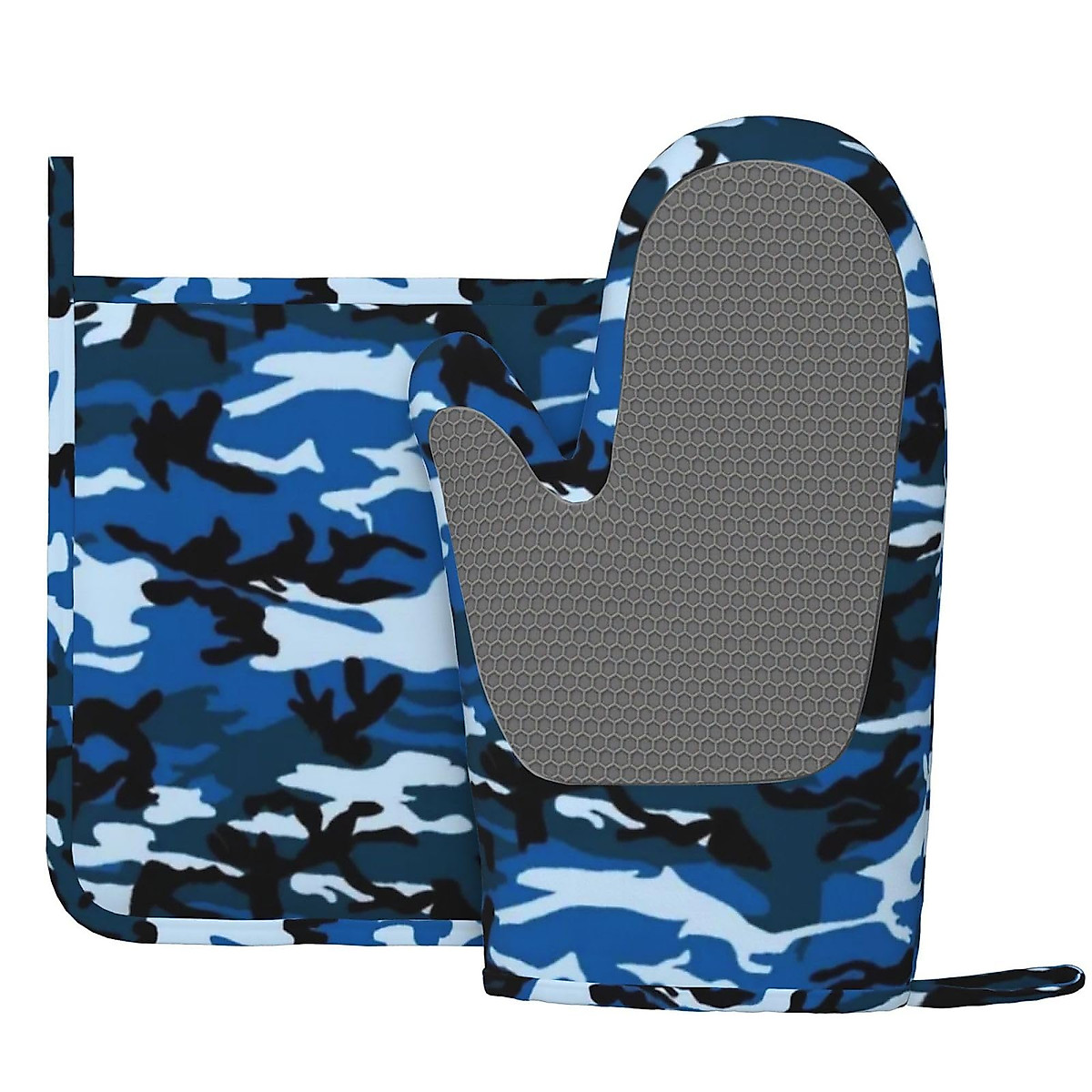 Blue Camo Silicone Oven Mitts Pot Holder Sets 2pcs Cute Design Washable Non Slip Kitchen Heat Resistant Mat Women's Cooking Gloves for Baking and BBQ Wear