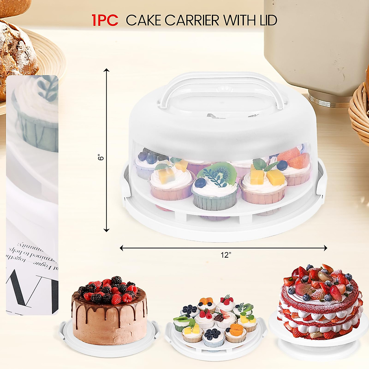 JOHOUSE Cake Carrier with Lid, White Round Cake Holder Cupcake Container with Dome for 11 Cupcakes 2 in 1 Portable Dessert Container for Cake Pie Muffin Cobbler