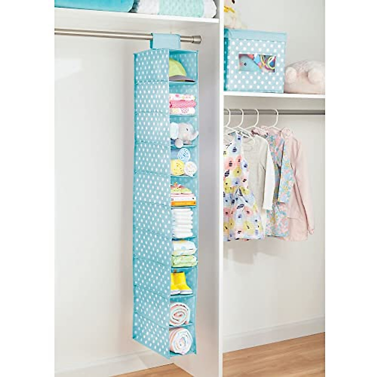 mDesign Soft Fabric Over Closet Rod Hanging Storage Organizer with 10 Shelves for Child/Kids Room or Nursery - Polka Dot Print - 2 Pack - Turquoise Blue with White Dots
