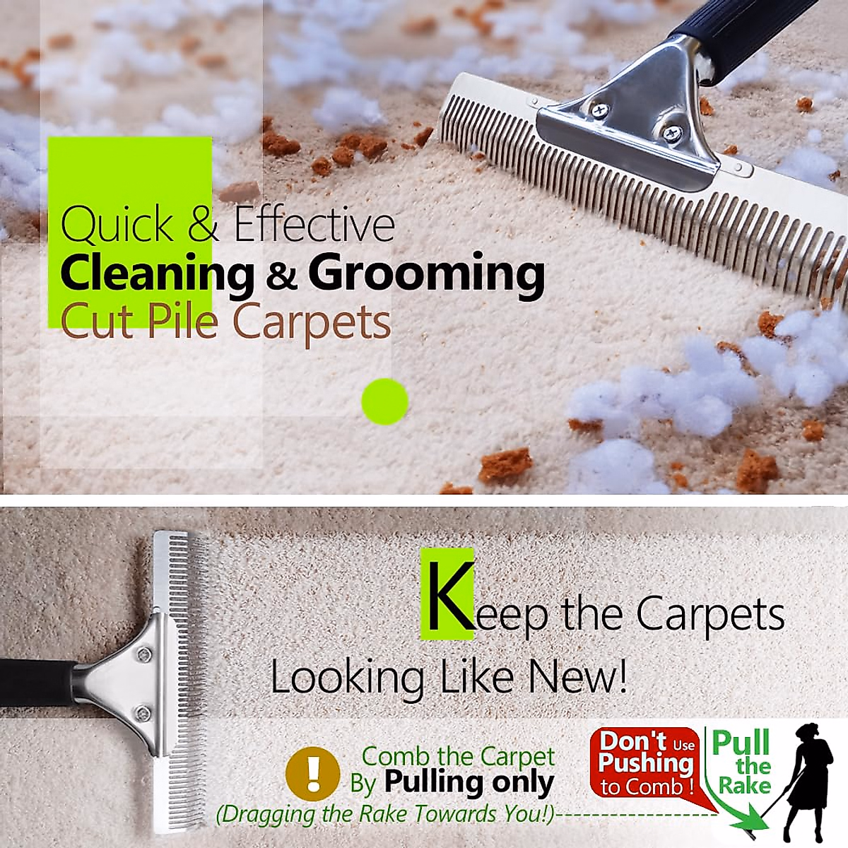 Carpet Rake - Carpet Rake for Pet Hair Removal - Carpet Brush Carpet Broom for Fluffy Rug - Carpet Hair Removal Tool, Pet Hair Carpet Rake, Rug Rake for Carpets for Pet Hair Rake for Carpet Cleaning