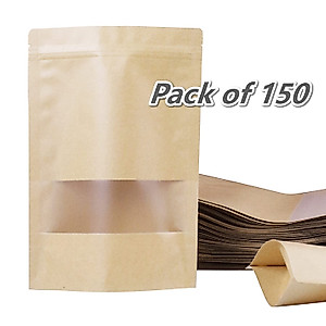 BAAGGNAA 150 Pack Ziplock Stand up Kraft Paper Bags Pouches with Front Matte Window for Food Storage Resealable Packaging Containers Household Reusable Organizer (11.8 * 15.7 Inch)