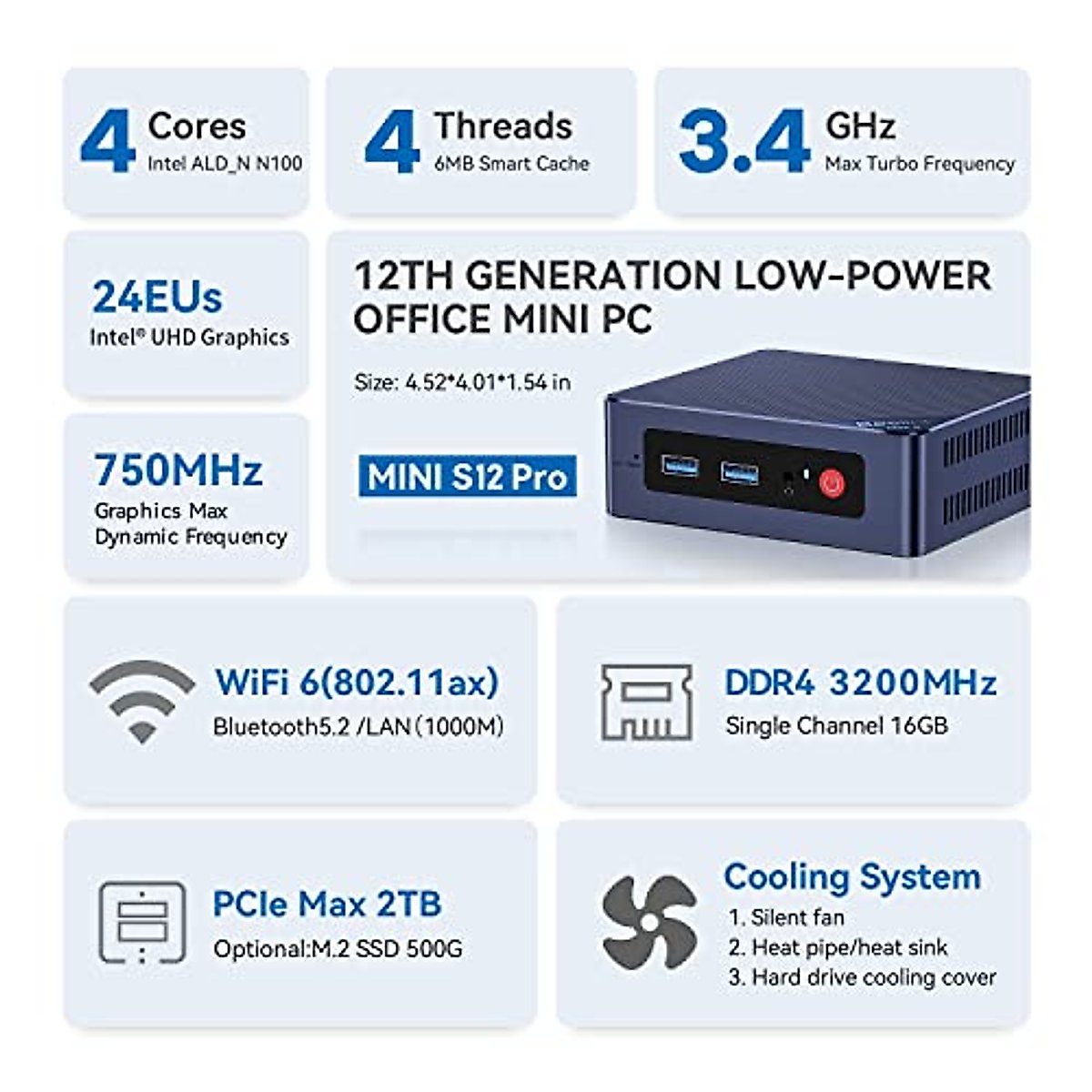 Beelink Mini PC, Mini S12 Pro Intel 12th N100(4C/4T, Up to 3.4GHz), 16GB DDR4 500GB M.2 SSD, Mini Desktop Computer Support 4K@60HZ Dual HDMI Display/WiFi6/BT5.2/USB3.2/1000Mbps/LAN/WOL Micro PC