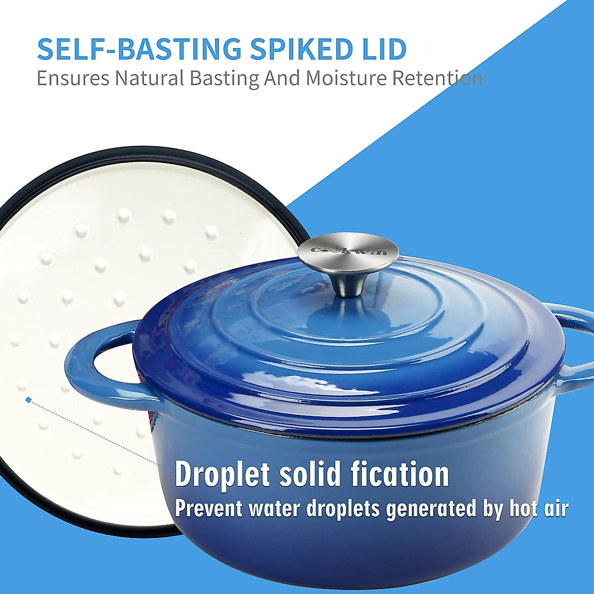 Dutch Oven Cast Iron 5 Quart Enameled Cast Iron Dutch Oven Pot with Self Basting lid Blue Heavy Duty Dutch Oven Dual Handles Porcelain Enameled Cast Iron Pot Family or Friends Gifts