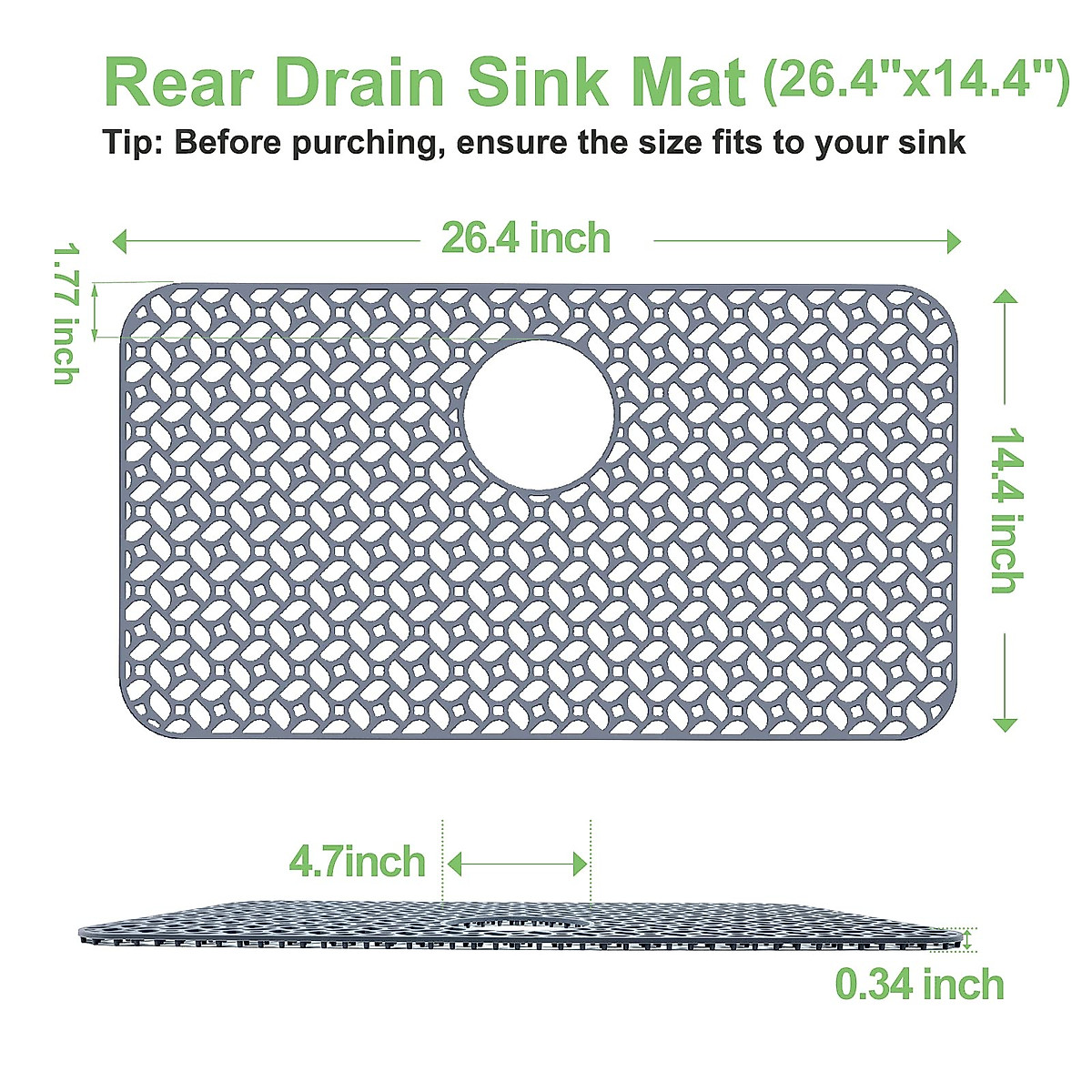 JUSTOGO Silicone Sink Protectors for Kitchen Sink 26.4"x14.4", Kitchen Sink Mat Grid Heat Resistant Sink Mats for Bottom of Kitchen Sink Farmhouse Stainless Steel Porcelain Sink Mat Rear Drain, Grey