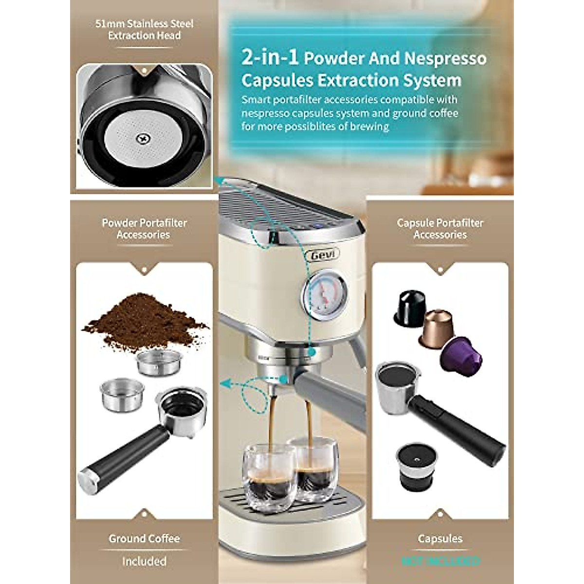 Gevi 20 Bar Compact Professional Espresso Coffee Machine with Milk Frother for Espresso, Latte and Cappuccino Burr Coffee Grinder with 35 Precise Grind Settings, Beige
