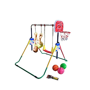 Kids Jungle Children Monkey Bar Gymnastics Athletic Expandable Kip Balance Bars Junior Training Play Gym Green with Swing, 2 Hanging Rings and Basketball Hoop and 6" Gymnastics Mat