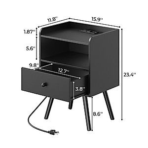 Huuger Nightstand with Charging Station and LED Lights, Bed Side Tables Set of 2, End Tables with Drawer, Side Table with Solid Wood Feet, Open Storage Space, for Bedroom, Black
