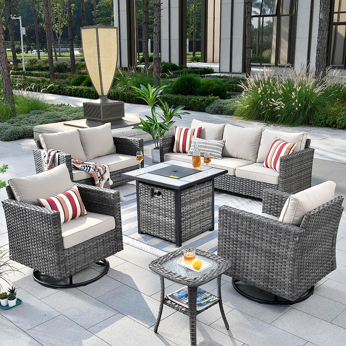 ovios 6 Pieces Patio Furniture Set with Square Fire Pit Table, Swivel Rocking Chairs, Loveseat, Outdoor High Back Wicker Rattan Conversation Set for Deck Porch, Beige