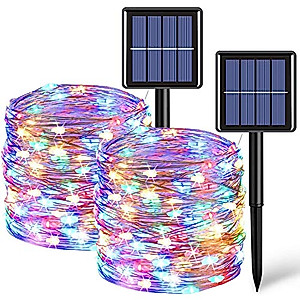 QITONG Solar Fairy Lights Outdoor Waterproof, 2 Pack Each 33ft 100 LED Solar String Lights Multicolor, 8 Modes Silver Wire Solar Mini Twinkle Lights