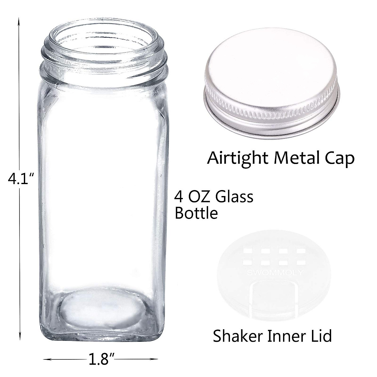 SWOMMOLY 66 Glass Spice Jars with 703 Spice Labels, Chalk Marker and Funnel Complete Set. 66 Square Glass Jars 4oz, Airtight Cap, Pour/sift Shaker Lid