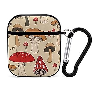 YouTary Various Mushroom Art Pattern Airpods 1 & 2 Case Cover, Apple AirPod Headphone Cover Unisex Personalized Shockproof Protective Wireless Charging Accessories with Keychain