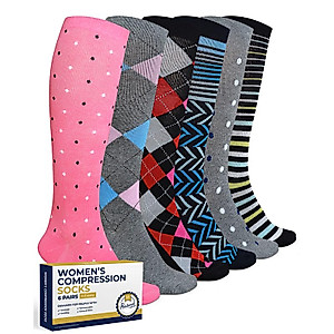Pembrook Light Compression Socks for Women - 6 Pairs | 8-15 mmHg Compression Socks Women | Polkadots, Polkadots, Argyle, Striped Compression Socks Women | Cotton Compression Socks for Women
