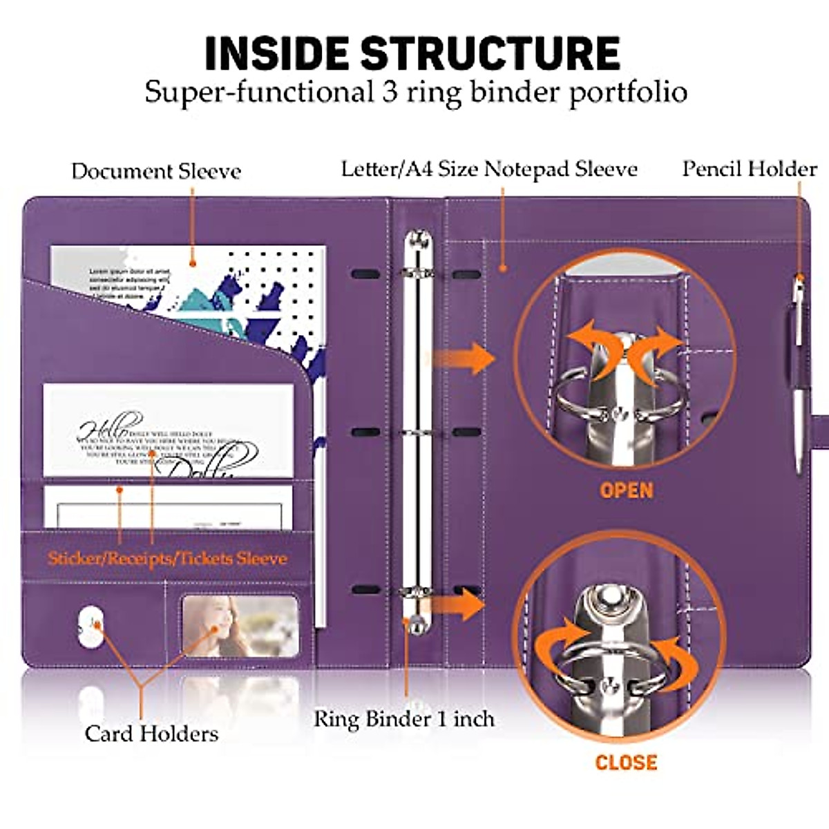 Toplive Padfolio 3 Ring Binder (1'' Round Ring) Business Portfolio Folder for Interview, Conference and Presentation, Purple