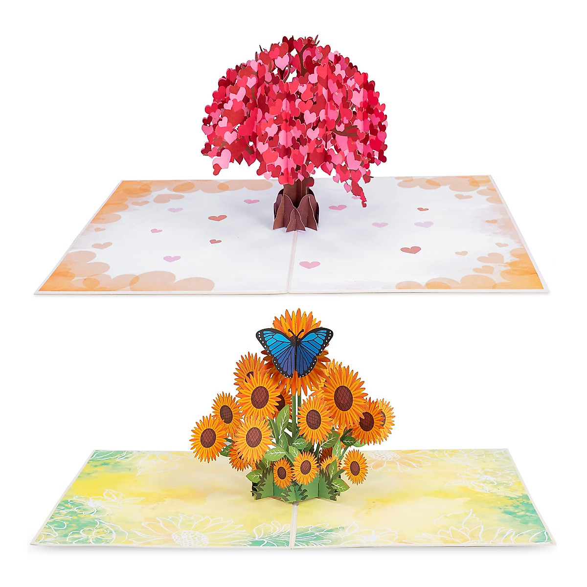 Paper Love Pop Up Cards 2 Pack - Includes 1 Heart Tree and 1 Sunflower, For All Occasions, Mother Day, Birthday, Just Because- Includes Envelope and Note Tag