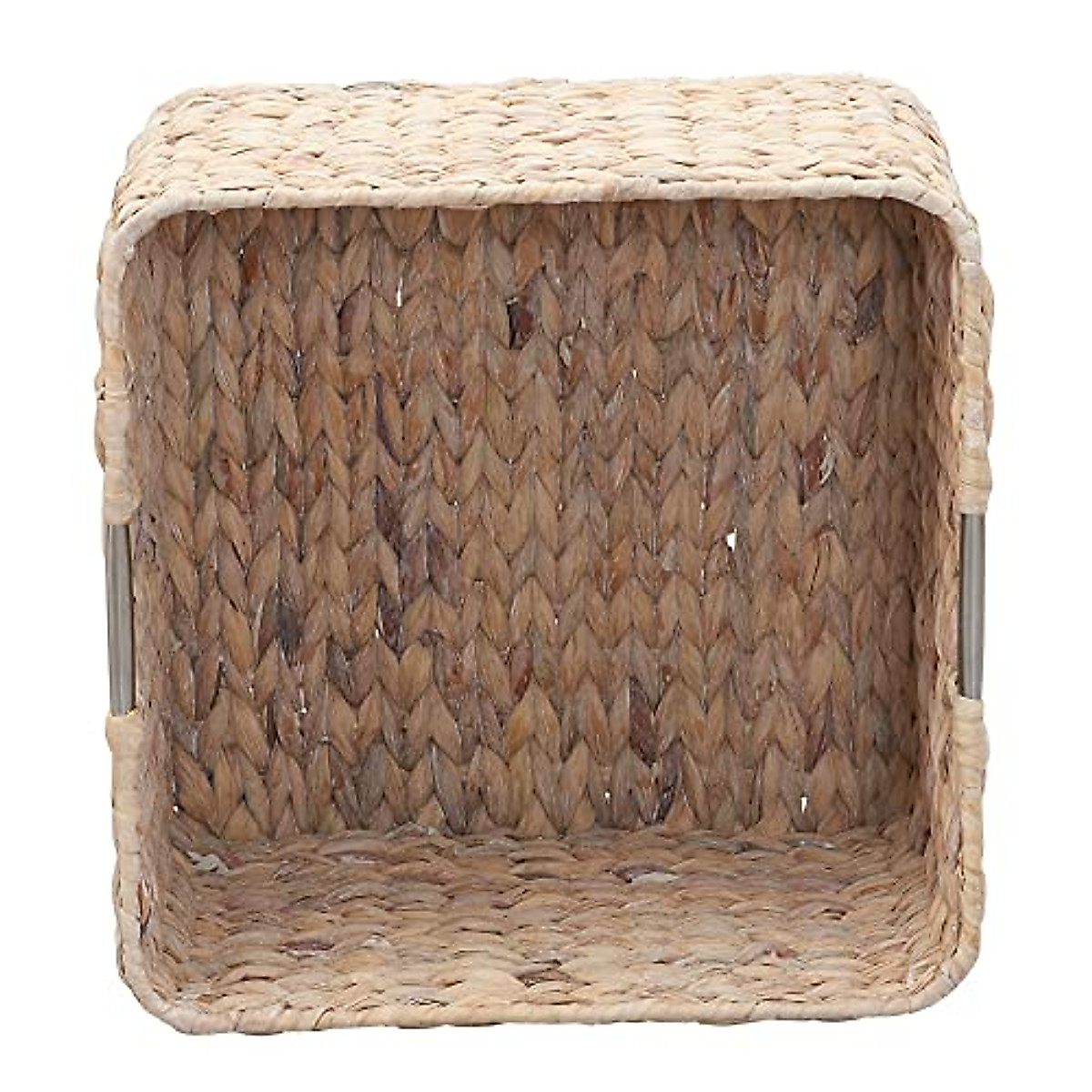 Household Essentials, White Wash Square Wicker Basket, Hyacinth Cube with Stainless Steel Handles, Intricate and Durable Weave, Sturdy Metal Frame