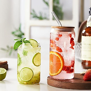 Sohapy Drinking Glasses 4pcs Set, Can Shaped Cups with Bamboo Lids and Glass Straw, 16oz Beer Glasses, Tumbler Cup, Wine Whiskey Cups Iced Coffee Glasses, Ideal for Cocktail, Gift - 2 Cleaning (4)