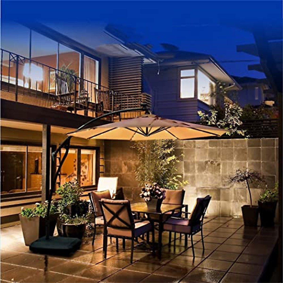 ZJDU Solar Patio Umbrellas,Solar LED Offset Patio Umbrella,Led Lighted Outdoor Table Market Umbrella, with Push Button Tilt/Crank,8 Ribs, for Garden, Lawn, Deck, Backyard & Pool,Brown,2.7m