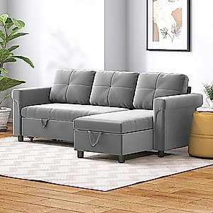 Mjkone 3 Seat L-Shape Sectional Sofa Couch with Pull Out Bed and Reversible Storage Chaise, Modern 84 Inch Sleeper Sofa with Breathable Velvet Fabric for Living Room, Light Gray