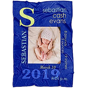 Personalized Baby Photo Newborn Blanket with Birth Information for Girls and Boys. Customized Name Blanket from Baby's Name, BirthDate, Weight. Gift for New Born Baby, New Dad Mom Grandma (Blue)