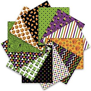 Whaline 12Pcs Halloween Cotton Fabric Bundles 18 x 22 Inch Spider Web Pumpkin Monster Fat Quarters Green Purple Black Orange Quilting Patchwork Squares Sewing Fabrics for DIY Craft Party Decor
