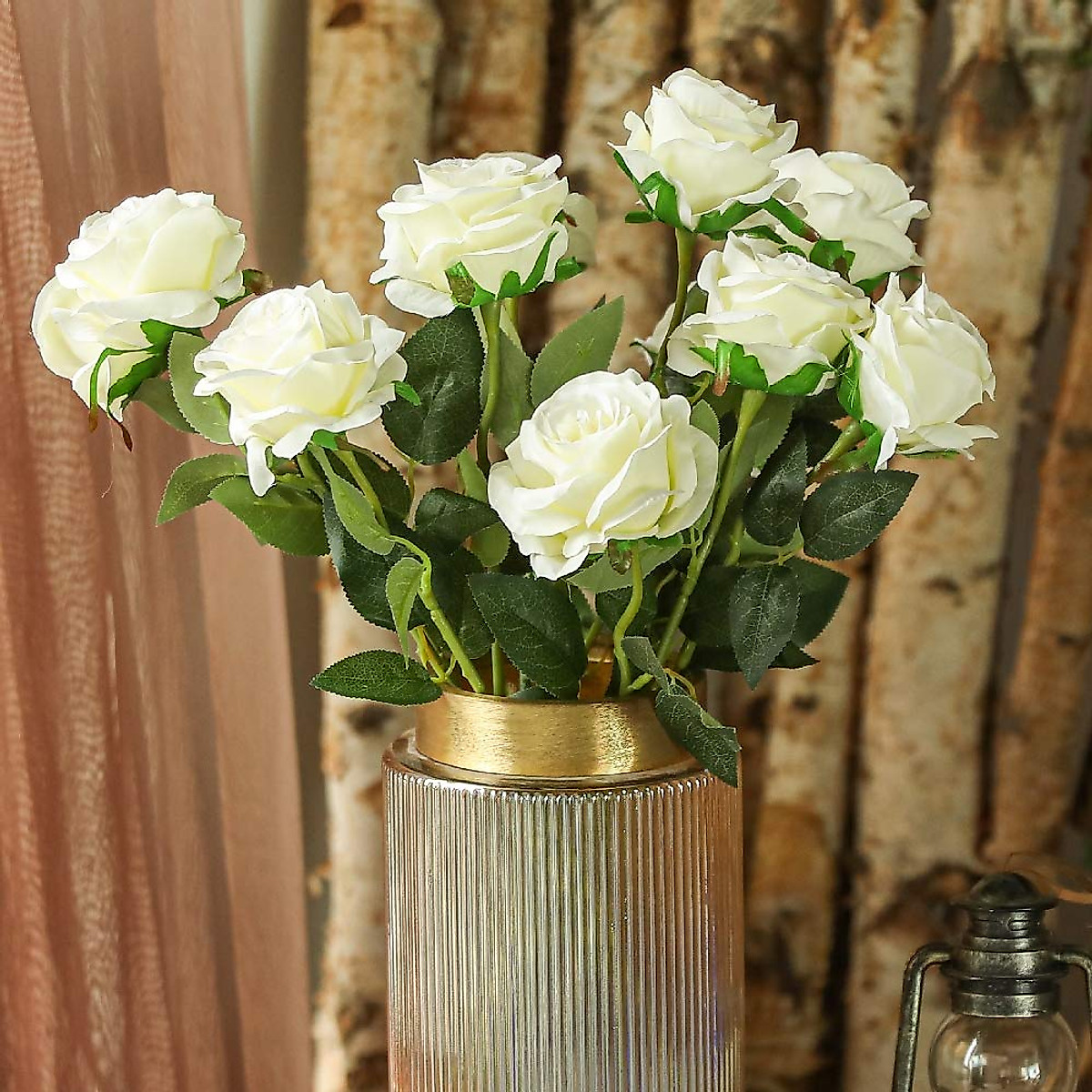 Kisflower 12Pcs White Roses Artificial Flowers, Realistic Single Stem Flowers Silk Rose Bouquet for Wedding Party Office Home Decor (White)