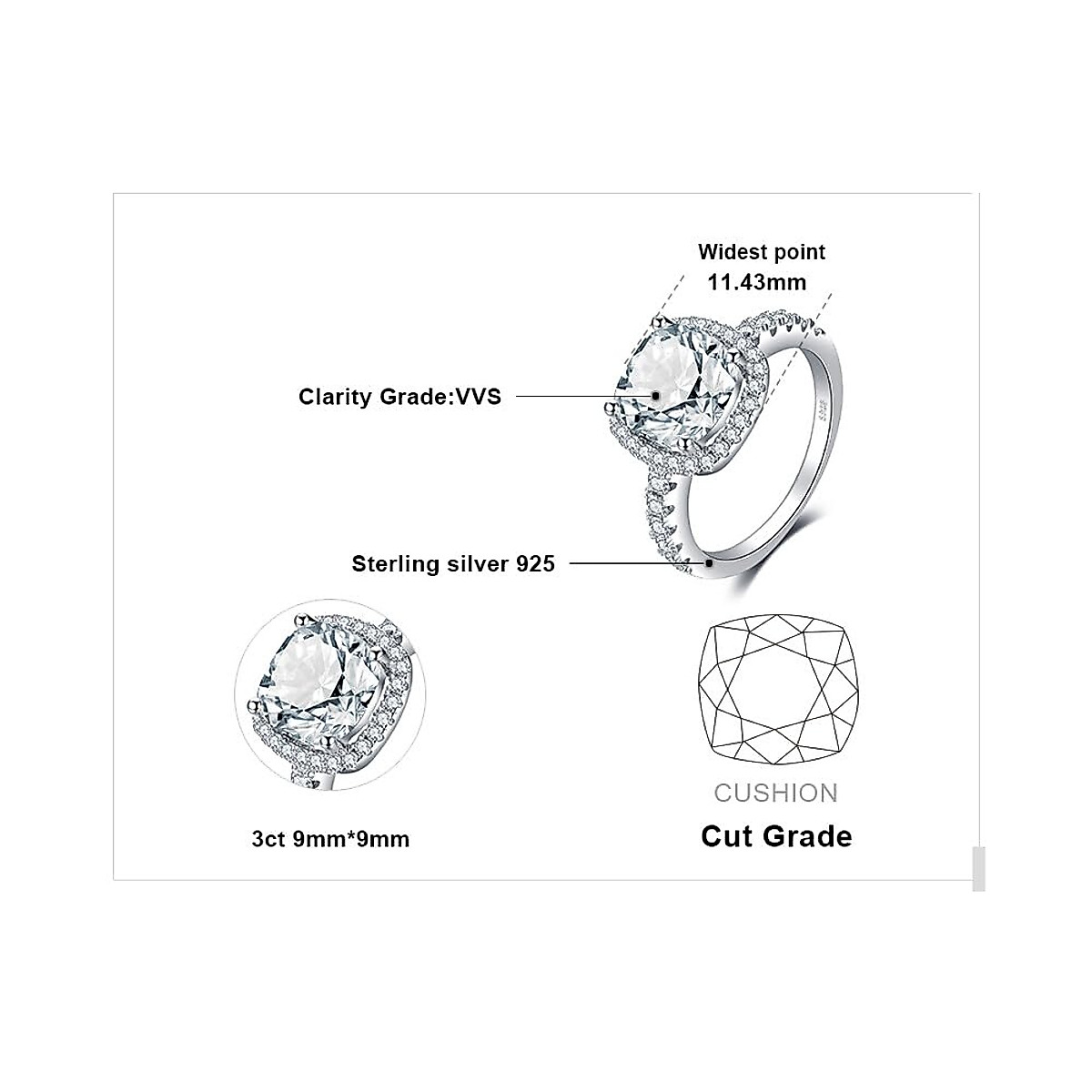 JewelryPalace Cushion 3ct CZ Engagement Rings For Women Cubic Zirconia Promise Halo Engagement Ring 925 Sterling Silver Solitaire Engagement Ring Size 7