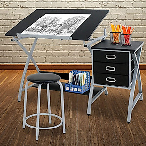 BBBuy Drafting Table Drawing Desk Art Craft Adjustable Tabletop Craft Table w/ 3 Slide Drawers and Stool Set Art Design Workstation for Writing, Painting, Sketching for Home Office, Black