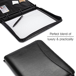 Travigo 3-Ring Zipper Business Leather Portfolio Folder| 1.25" 3-Ring Binder Professional Business Folder Resume Document Organizer|Exterior Pocket | Guesseted File Pocket| 8-1-2" Writing Pad (Black)