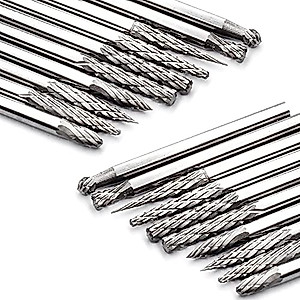 YUFUTOL 20pcs Solid Carbide Burr Set 0.118‘’（3mm）Shank Tungsten Carbide Rotary Files Burrs with 3mm Cutting Head Diameter Fits Most Rotary Drill Die Grinder for Woodworking,Engraving,Drilling,Carving