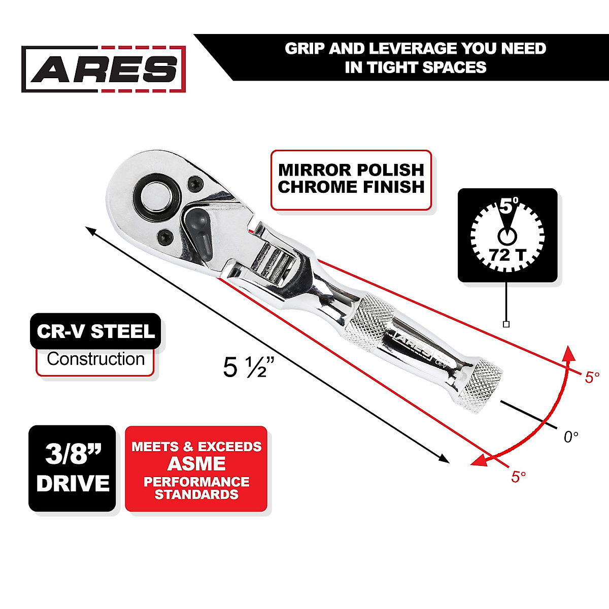 ARES 42044 - Flex Head Stubby Ratchet - 3/8-Inch Drive 72-Tooth Ratchet - Premium Chrome Vanadium Steel Construction & Mirror Polish Finish - Quick Release Reversible Direction Head Design