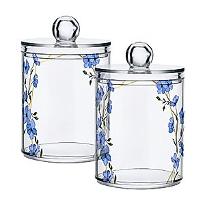 Sletend 2 Pack Plastic Qtips Holder Floral Flower Bathroom Organizer Canisters for Cotton Balls/Swabs/Pads/Floss,Plastic Apothecary Jars for Vanity