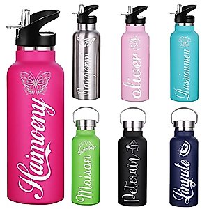 Backquik Personalized Custom Water Bottle with Straw Cover Leak Proof Kids Engraved Sports Bottle with Name Stainless Steel Insulated Thermos for Outdoor Gym