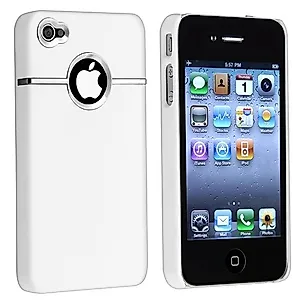 Worldshopping New Deluxe W/chrome Rubberized Snap-on Hard Skin Back Cover Case for AT&T Verizon Sprint Apple iPhone 4 4S 4G- White