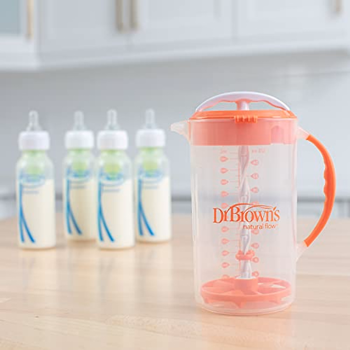 Dr. Brown's Baby Formula Mixing Pitcher with Adjustable Stopper, Locking Lid, & No Drip Spout, 32oz, BPA Free, Orange
