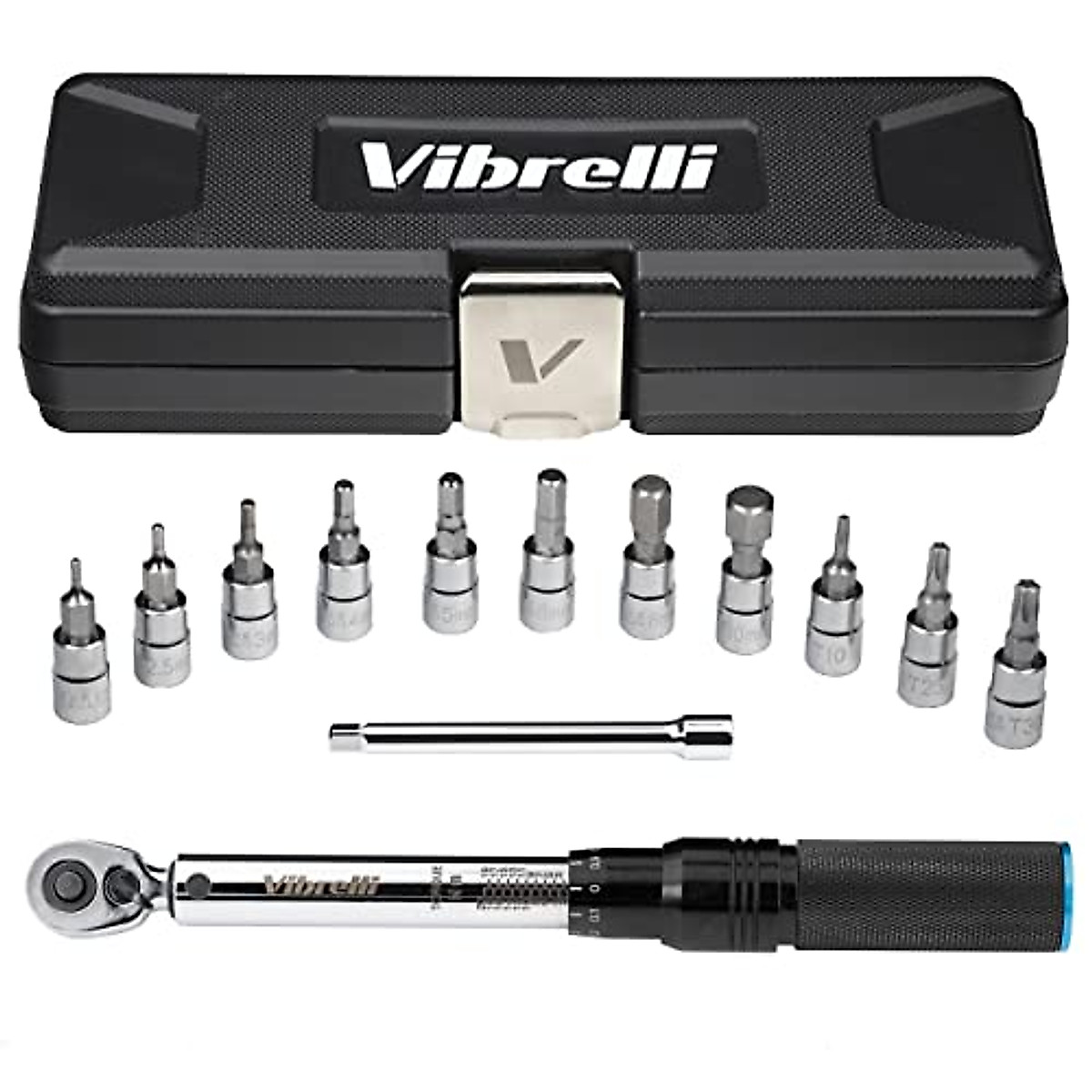 Vibrelli Bike Torque Wrench Set - 1/4 Inch Drive - 2 to 20nm, 0.1 Nm Micro - Essential MTB & Bicycle Torque Wrench Tools. Hex/Allen 2-10, Torx 10-30, 100mm Extension Socket, Storage Case