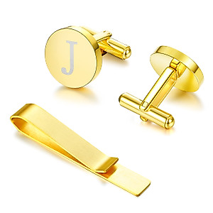 Diamday Cuff Links and Tie Clips Set Personalized Cufflinks for Men Gold J Initial Cufflinks Men's Link Shirt Studs Tie Letter Tie Clips and Cufflinks Set with Box Groomsmen Gift for Him