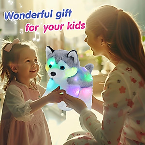 BSTAOFY 12’’ Musical Light up Husky Puppy Stuffed Animal Realistic LED Singing Dog Soft Plush Toy with Night Lights Glow in The Dark Birthday Valentines Christmas for Toddler Kids