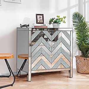 LUMISOL Silver Mirrored Cabinet, Modern Sideboard Cabinet for Entryway Living Room, Floor Cabinet with Crystal Design Handle, Accent Cabinet, Silver White