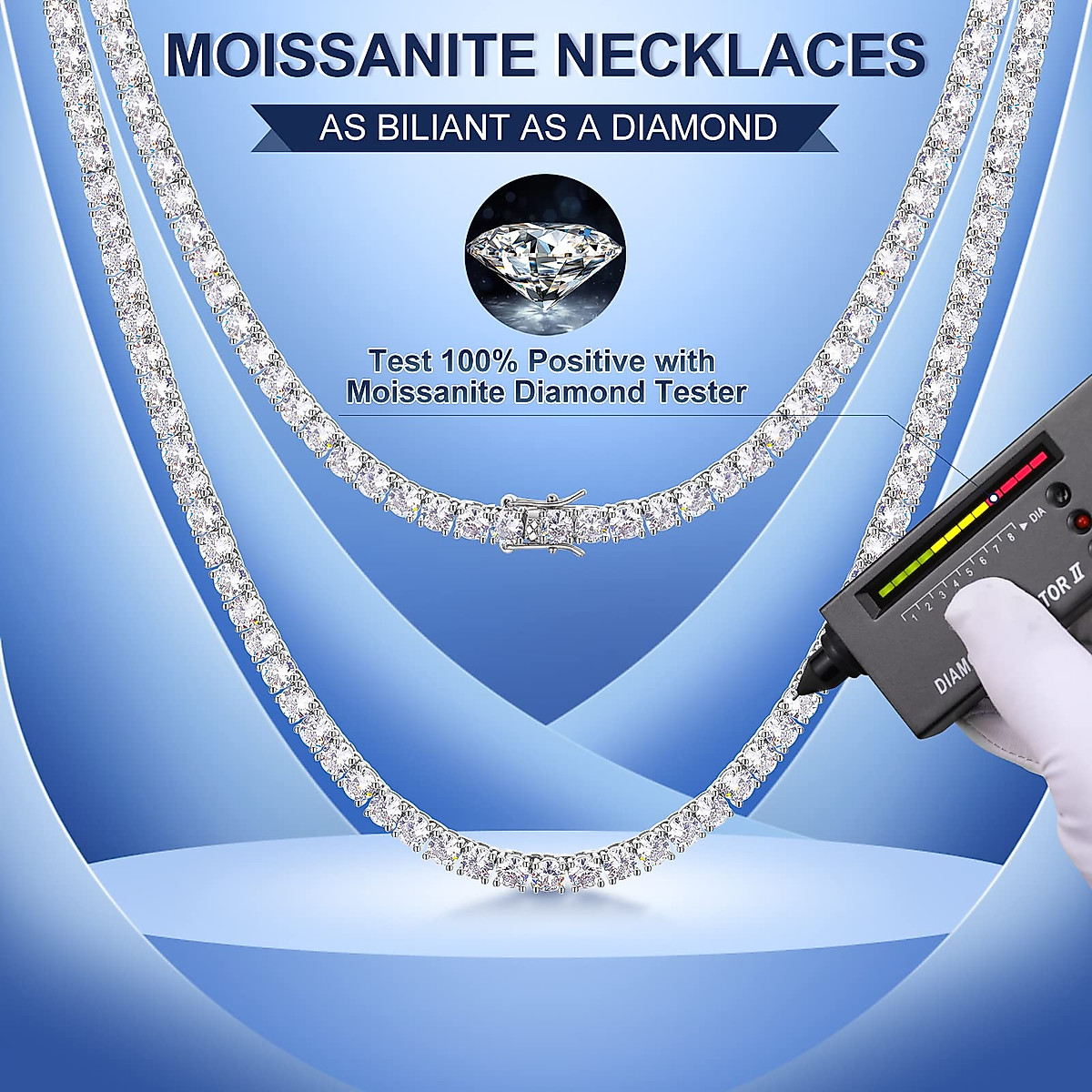 TUHE Moissanite Tennis Necklace 29.1 Carats 97 Pcs Lab Created Diamond Necklace for Men 18K White Gold Plated S925 Sterling Silver Women Necklace 4mm D Color Moissanite Necklace Thanksgiving Gift