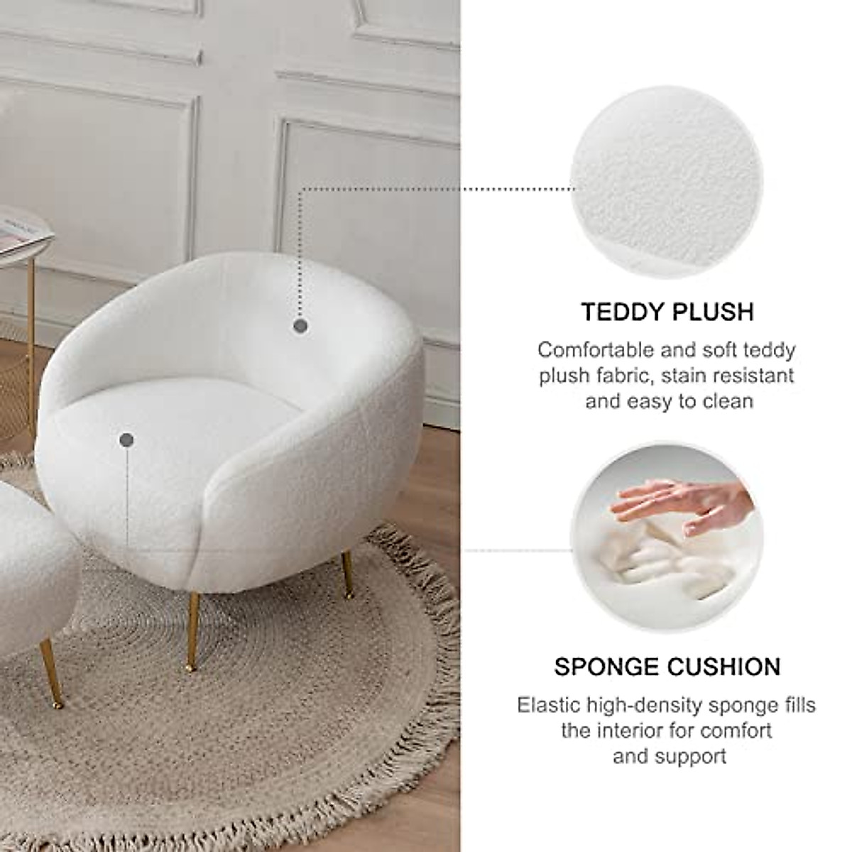 Kiztir Sherpa Accent Chair, White Accent Chair with Ottoman/Gold Legs, Modern Accent Chair for Living Room, Bedroom or Reception Room