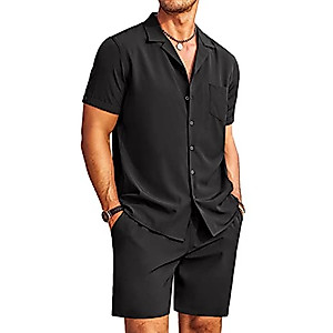 COOFANDY Men's 2 Pieces Shirt Set Short Sleeve Button Down Casual Hippie Holiday Beach T-Shirts Shorts Outfits (Black, Large)