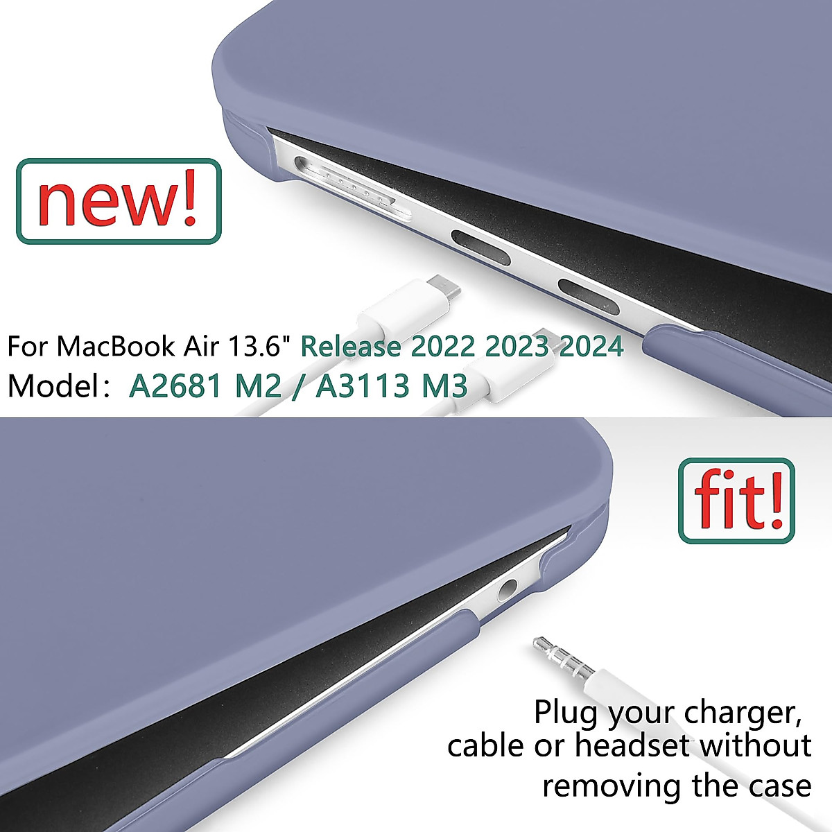 TWOLSKOO for M3 MacBook Air 13.6 Inch Case 2022 2023 2024 Release A2681 M2 A3113, Matte Hard Shell Cover with Trackpad Film & Keyboard Cover & Screen Film for MacBook Air 13.6", Cream Lavender Grey