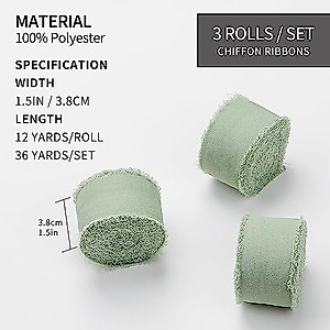 IBEEDOW 1.5" x 36Yd Chiffon Ribbon 3 Rolls Sage Green Handmade Fringe Chiffon Silk Ribbon Set for Gifts Wrapping, Wedding Invitations, Bridal Flower Bouquets Decoration, DIY Crafts(Each Roll 12Yd)