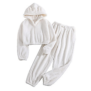 SOLY HUX Girl's Bear Ear Fuzzy Drop Shoulder Hoodie Sweatshirt with Sweatpants Two Piece Outfit Solid White