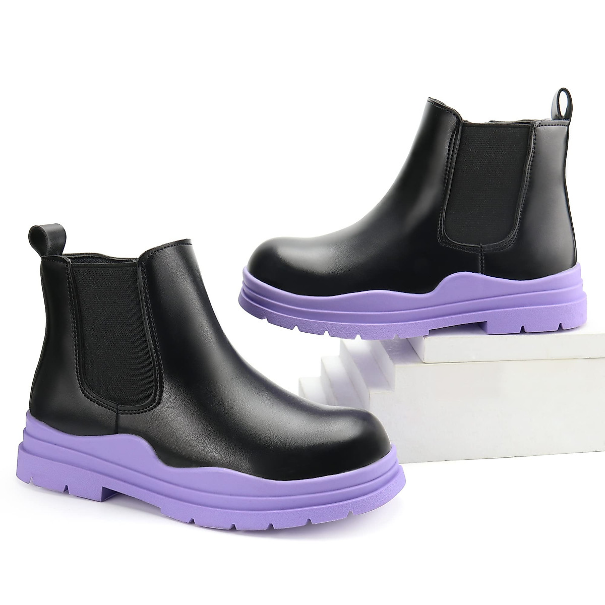 brooman Kids Chelsea Boots Boys Girls Ankle Boots Zipper Booties (2,Black Purple)