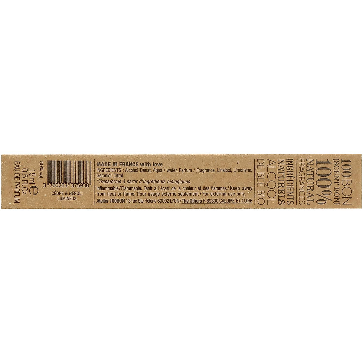 100BON Cedre & Neroli Lumineux Unisex Fragrance - Neroli & Cedar Scent - Organic, Natural & Light Woody Aroma - 0.5 Fl Oz