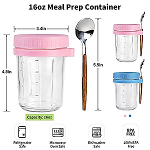 SUREHOME Overnight Oats Containers with Lids and Spoon, 16 Oz Glass Mason Jars for overnight oats oatmeal container to go meal prep jars with Measurement Marks for Pudding Milk Cereal Salad (2 Pack)