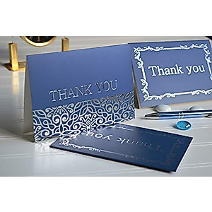 120 Thank You Cards in Navy Blue with Envelopes & Stickers - Elegant 6 Designs Bulk Notes Embossed with Silver Foil Letters for Wedding, Formal, Business, Graduation, Funeral 4x6 Inch Thick Card Stock